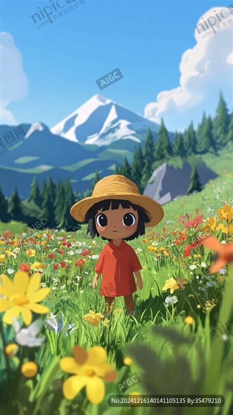 Ai创作图儿插少女 小女孩儿插 治愈系插 夏季草原野花红衣少女 采花的小女孩插画 采药女孩插画 春之风影治愈系小插画 采花的女孩插画 小女孩
