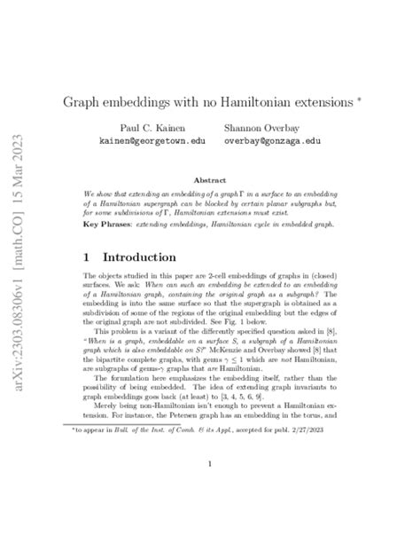 Pdf Graph Embeddings With No Hamiltonian Extensions