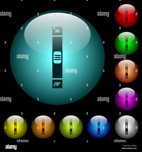 Vertical Scroll Bar Icons In Color Illuminated Spherical Glass Buttons On Black Background Can