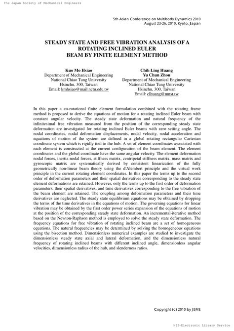 Pdf 61087 Steady State And Free Vibration Analysis Of A Rotating Inclined Euler Beam By