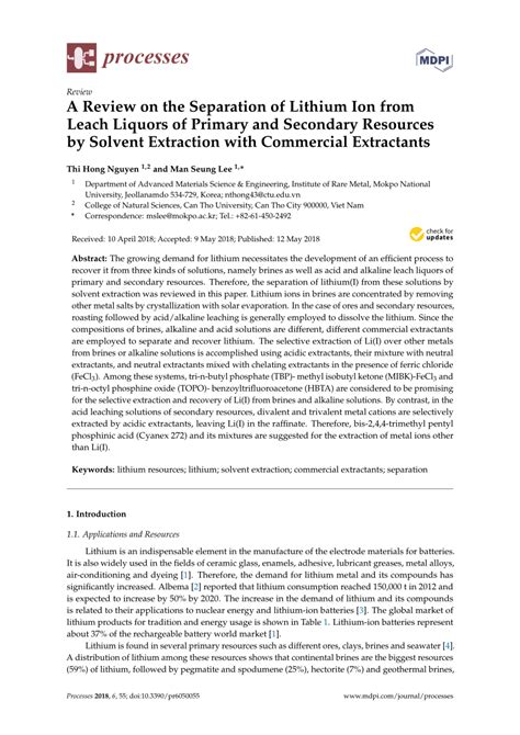 Pdf A Review On The Separation Of Lithium Ion From Leach Liquors Of Primary And Secondary