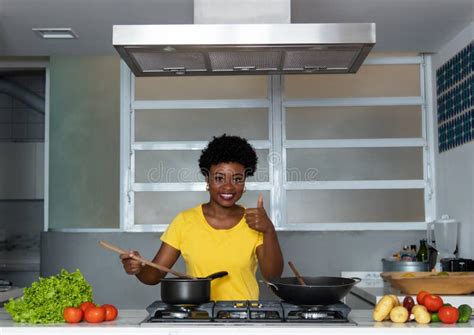 African American Woman Cooking At Kitchen Stock Image Image Of
