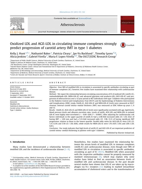 PDF Oxidized LDL And AGE LDL In Circulating Immune Complexes Strongly Predict Progression Of