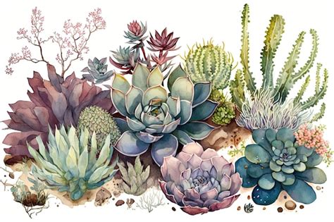Premium Ai Image Watercolor Succulent Garden With Various Textures
