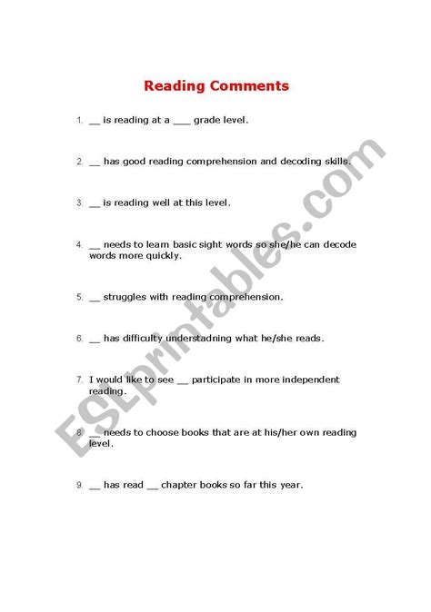 English Worksheets Report Card Comments