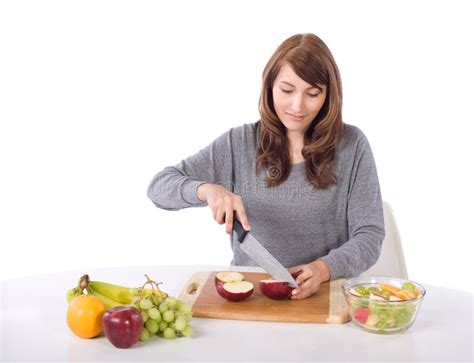 Woman Cutting An Apple Stock Photo Image Of Kitchen