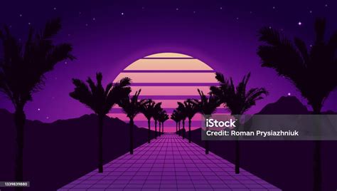 산 일몰 야자수가 있는 복고풍미래열대도로 도로 태양 산과 손바닥의 레트로 웨이브와 신디웨이브 스타일 일러스트 1980 년대 스타일의 복고풍 포스터 또는 배너 디자인 야자