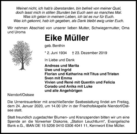 Traueranzeigen Von Eike Müller Trauer Anzeigende