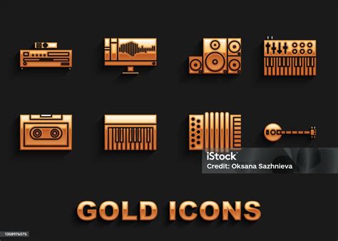 세트 음악 신디사이저 밴조 악기 아코디언 복고풍 오디오 카세트 테이프 스테레오 스피커 Cd 플레이어와 사운드 레코더 모니터 아이콘 벡터 Mp3 플레이어에 대한 스톡 벡터