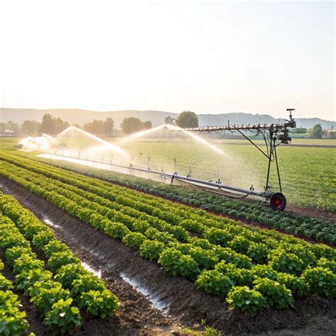 Modern Irrigation System Watering A Farm Field Of Vegetables In Sunlight Stock Illustration