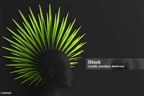 양식에 일치시키는 모호크 헤어 스타일과 프로필에 젊은 여성의 입체 머리와 창조적 인 녹색과 검은 색 배경 3d 일러스트레이션 개념에 대한 스톡 사진 및 기타 이미지 Istock