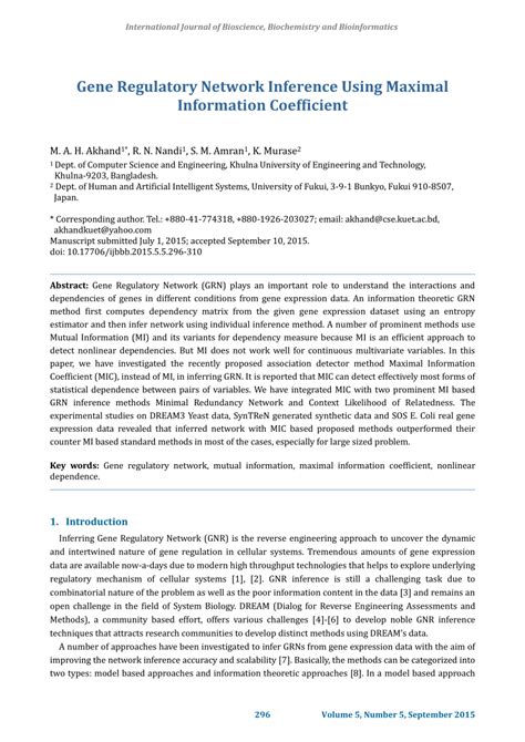 Pdf Gene Regulatory Network Inference Using Maximal Information Coefficient