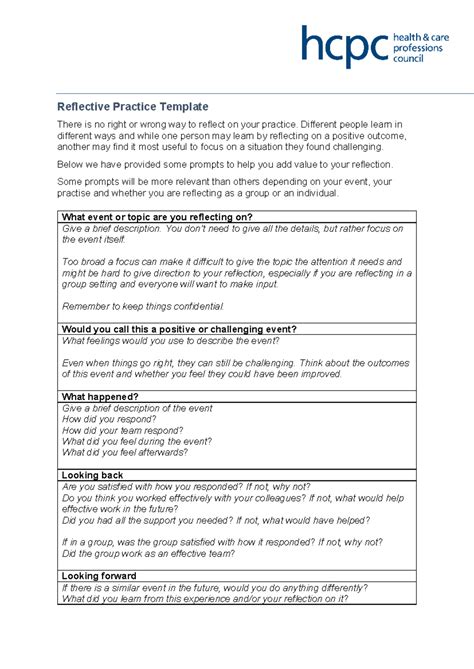 Reflective Practice Template Hcpc Reflective Practice Template There