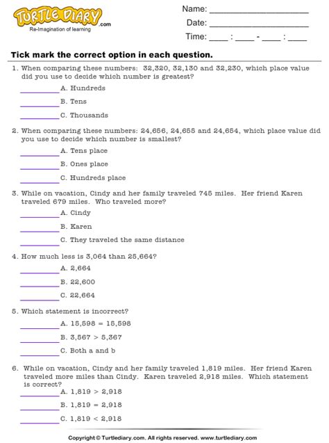 Comparison Of Whole Numbers Turtle Diary Worksheet