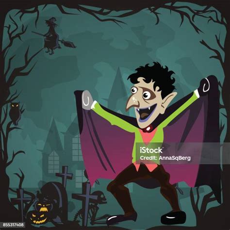 뱀파이어와 묘지 망 토 평면 벡터 일러스트 레이 션에 Draculas 괴물 할로윈 파티 초대 또는 플라이어에 대 한 좋은 그들의 성 할로윈 배경 설정 인사말 카드 가을에