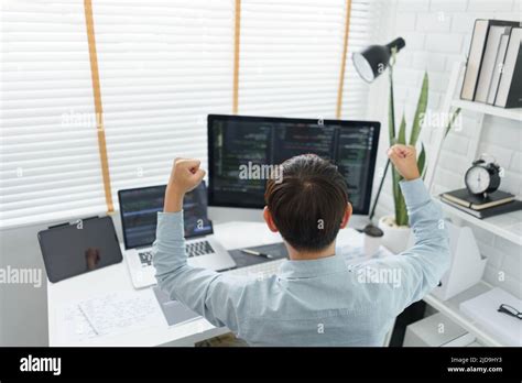 Software Development Concept Male Programmer Excited And Raise Arms After Successful