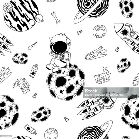 열린 공간에서 우주 비행사 Ufo 우주선 로켓 태양계 은하계 여행 은하 행성 소행성 혜성 별똥별 흑백 패턴입니다 벡터 개체