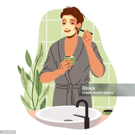 얼굴에 마스크를 적용하는 남자 평면 색상 벡터 일러스트 레이 션 개념에 대한 스톡 벡터 아트 및 기타 이미지 개념 건강관리와 의술 깨끗한 Istock