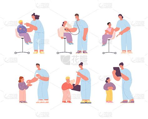 生病的孩子和医生。儿童病人，儿童在医院检查。生病的小病人，接种疫苗或儿科医生检查完全向量集