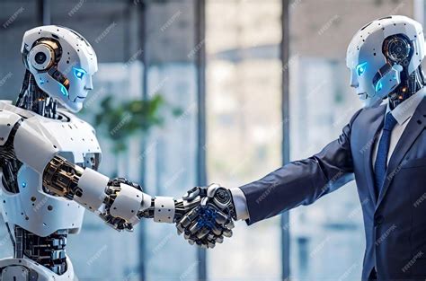 Premium Photo Two Robots Shaking Hands In A Modern Office The Concept