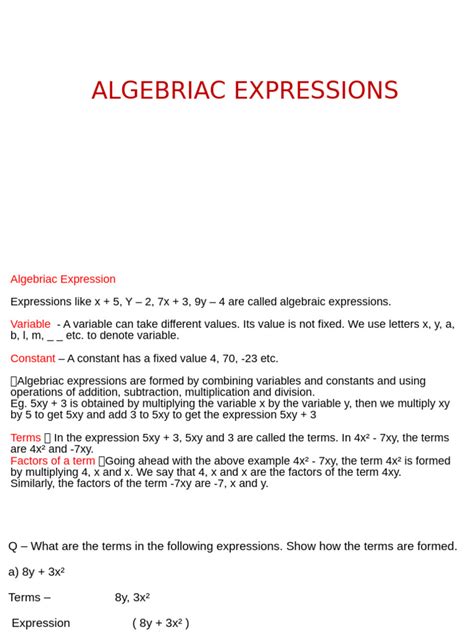 Algebriac Expressions Pdf