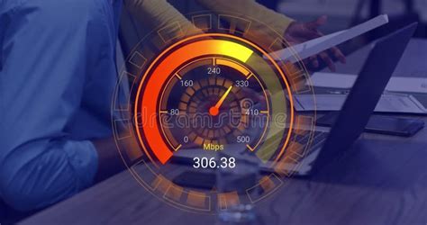 Animation Of Speedometer Data Processing Over Diverse Business People In Office Stock Footage