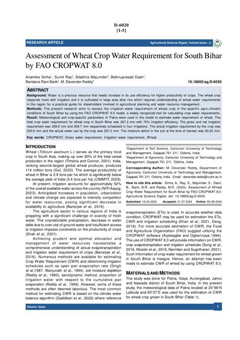 Pdf Assessment Of Wheat Crop Water Requirement For South Bihar By Fao Cropwat 80