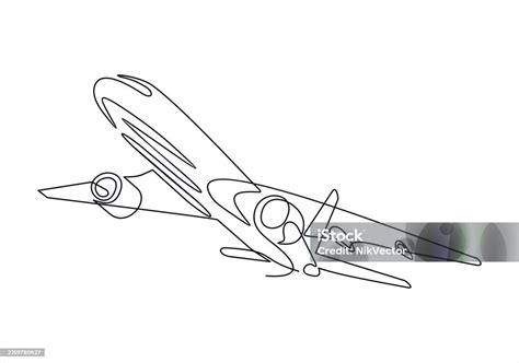 비행기 한 줄 그리기 바탕에 바탕에 비행기 연속 단일 스케치 미니멀한 윤곽 디자인 벡터 일러스트 라인 아트 스타일입니다 비행기에 대한 스톡 벡터 아트 및 기타 이미지