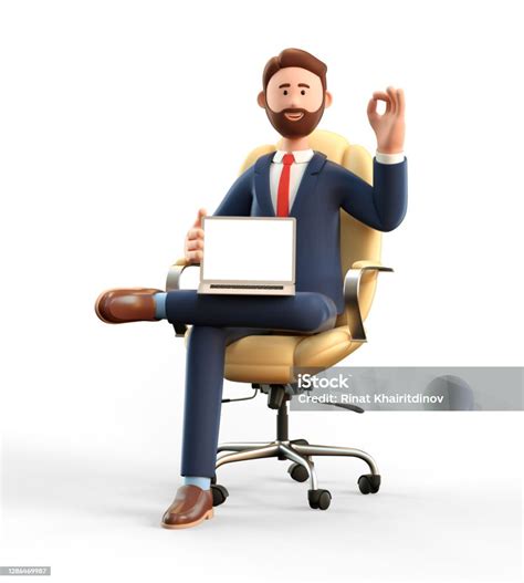 빈 화면 노트북 컴퓨터와 확인 제스처를 보여주는 행복한 미소 사업가의 3d 그림 만화 수염 남자는 괜찮은 기호 사무실에서 일하고