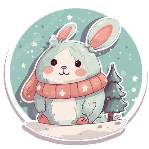 스카프와 소나무 콘 클립 아트와 토끼의 귀여운 겨울 스티커 벡터 고립 된 만화 크리스마스 토끼와 스티커 디자인 상표 Png 일러스트 및 벡터 에 대한 무료 다운로드