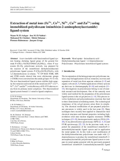 Pdf Extraction Of Metal Ions Fe3 Co2 Ni2 Cu2 And Zn2 Using Immobilized Polysiloxane