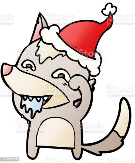 산타 모자를 쓰고 배고픈 늑대의 손으로 그린 그라데이션 만화 0명에 대한 스톡 벡터 아트 및 기타 이미지 0명 개 귀여운 Istock