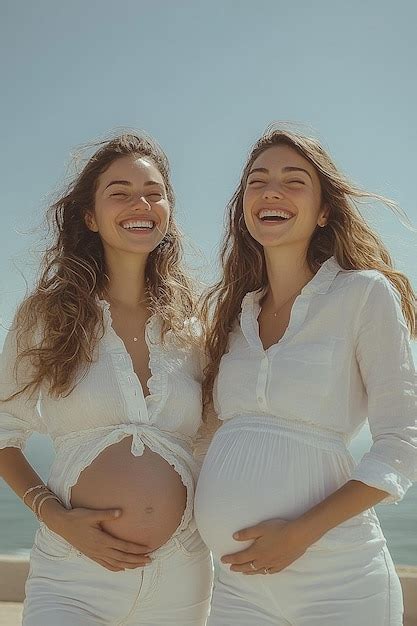 Two Pregnant Friends Smiling And Laughing Happiness Premium Ai