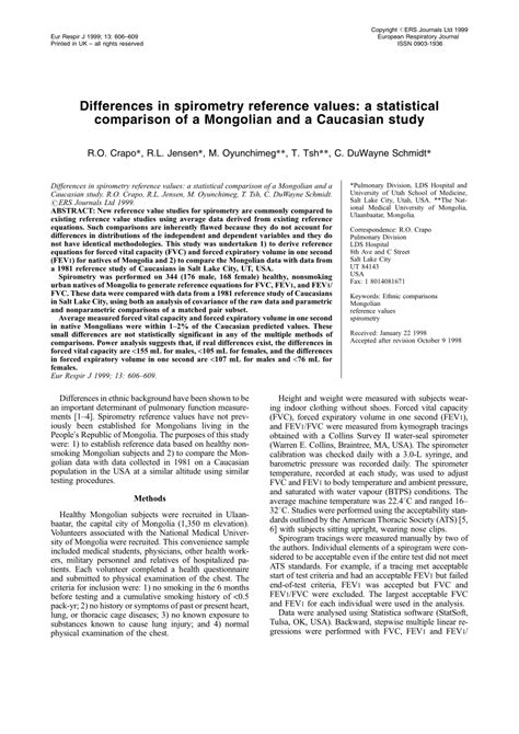 Pdf Differences In Spirometry Reference Values A Statistical Comparison Of A Mongolian And A
