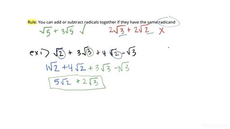 Calculating The Addition And Subtraction Of Square Roots Algebra Study Com