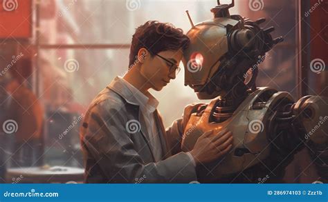 Humanoid Robot In Love Hugging With Young Adult Caucasian Man Neural Network Generated Image