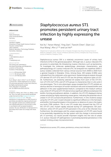 Pdf Staphylococcus Aureus St1 Promotes Persistent Urinary Tract Infection By Highly Expressing