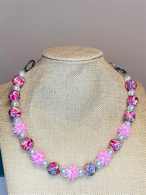 Silicone Funky Unique Chunky Beaded Necklace Spikey Pink And White