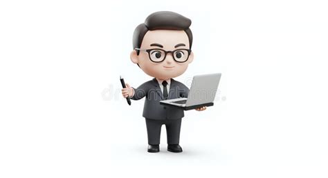 Chibi Korean It Manager 3d Render Illustration Holding Laptop And