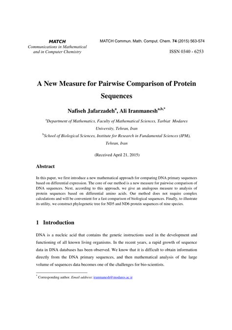 Pdf A New Measure For Pairwise Comparison Of Protein Sequences