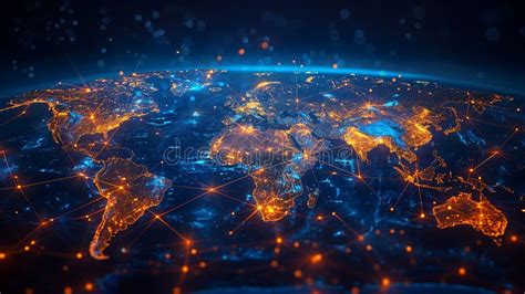 A Visualization Of Global Digital Connectivity With Illuminated Nodes Linking Major Continents
