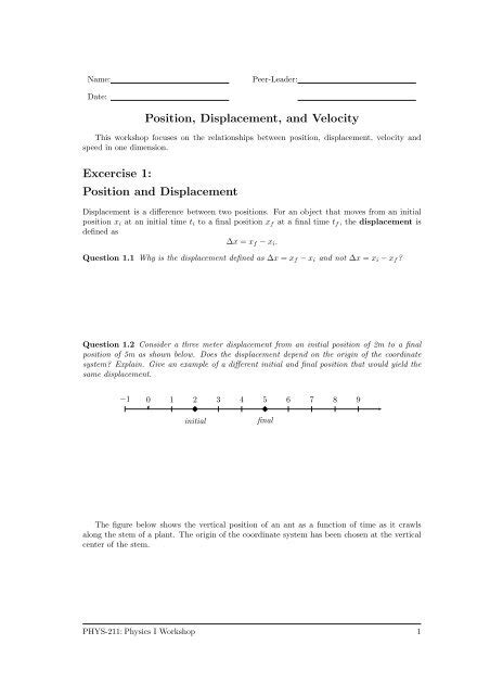 Position Displacement And Velocity Excercise 1 Position And