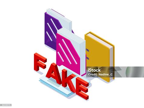 가짜 불법 행위 또는 사기의 거짓 스탬프 아이소메트릭 3d 벡터 일러스트와 함께 계약 서류에 대 한 폴더와 문서 개념 3차원 형태에 대한 스톡 벡터 아트 및 기타 이미지