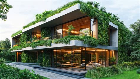 Modern Green House With Grass Growing On Facade At Sunset Stock Illustration Illustration Of