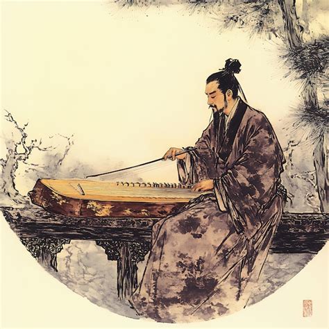 Traditional Chinese Painting Of A Man Playing The Guqin Premium Ai