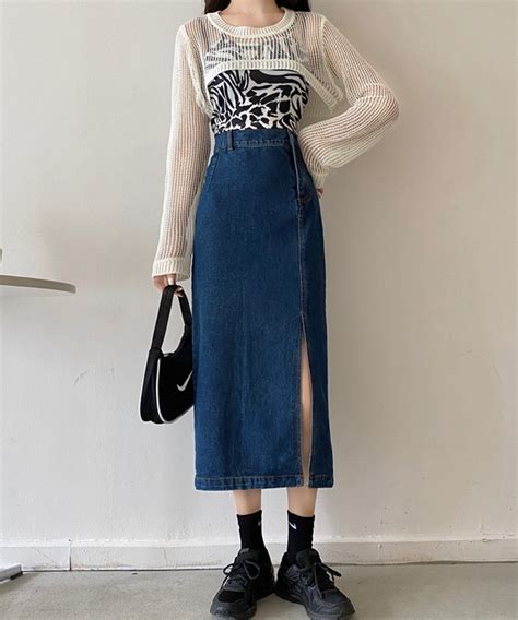 🔥초특가세일🔥당일발송 운디르 트임 데님 롱 스커트