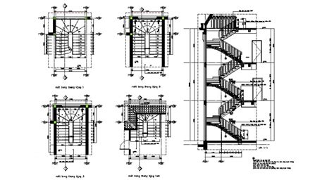 Four Story Building Staircases All Floors Section And Constructive Structure Details Dwg File