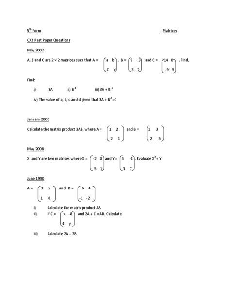 5th Matrices Cxc Questions Pdf Pdf
