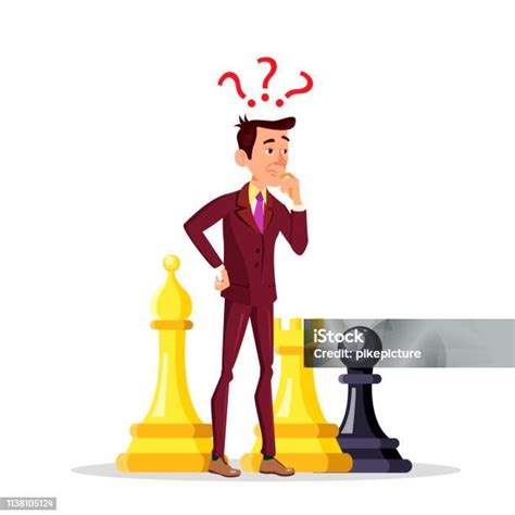 그의 머리 벡터 평면 만화 일러스트 위의 물음표와 큰 체스 조각 사이에 서 있는 관리자 남자에 대한 스톡 벡터 아트 및 기타