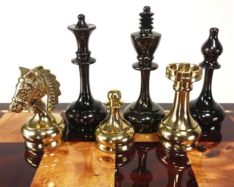 Real Brass Metal Black And Gold Staunton Bridled Knight Chess Men Set